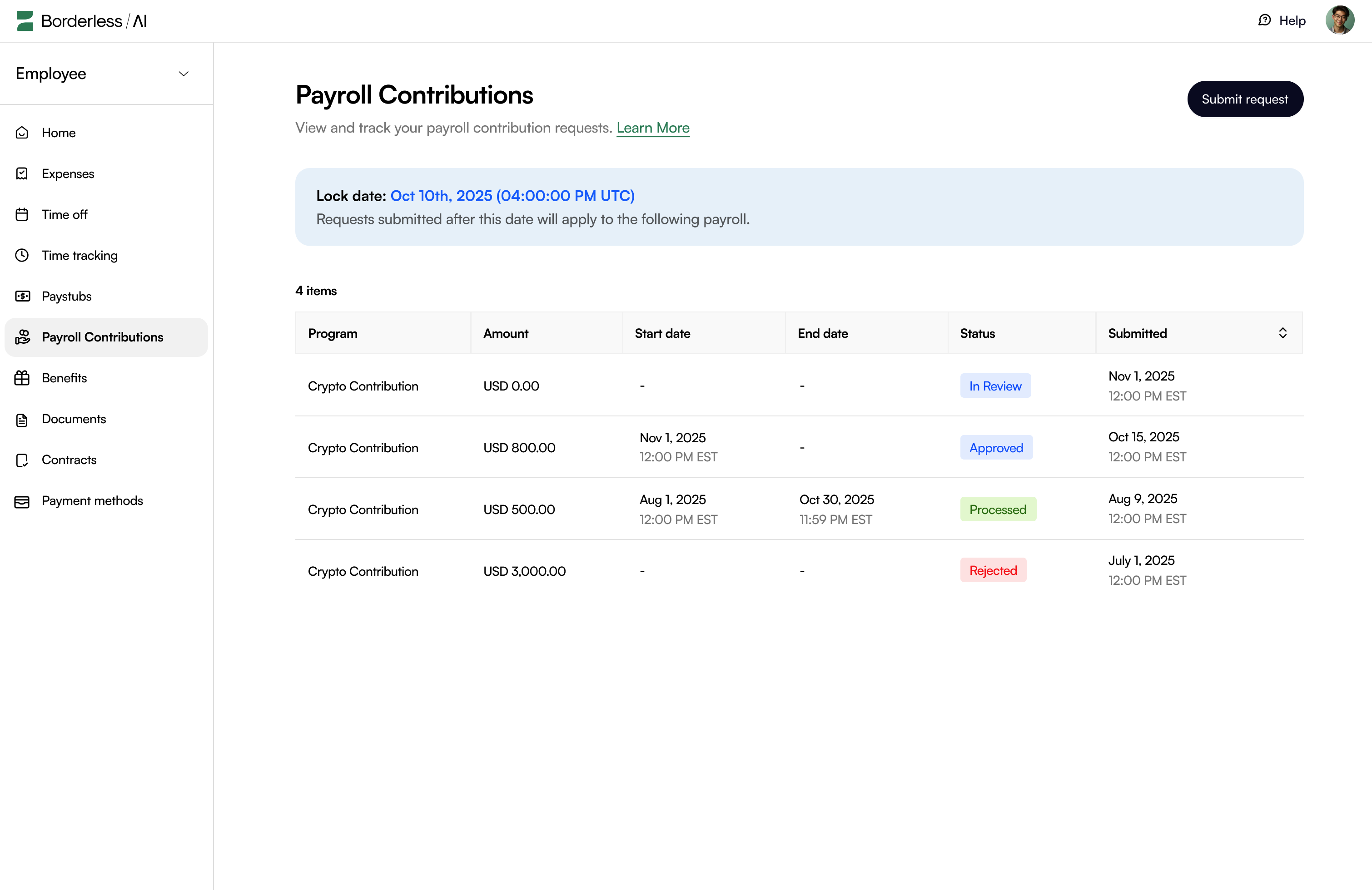 How to manage your payroll contributions – Borderless AI Support Center